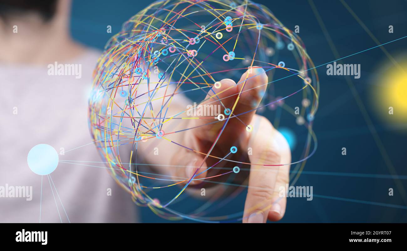 3d illustration of a digital sphere floating near hands, digital ...