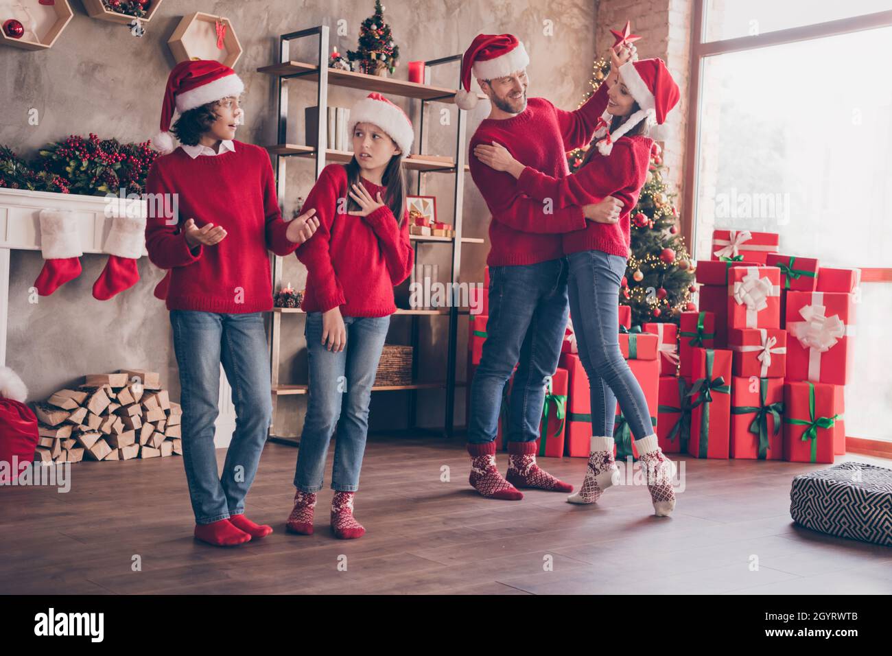 Photo of positive nice funky family enjoy party father dance mother ...
