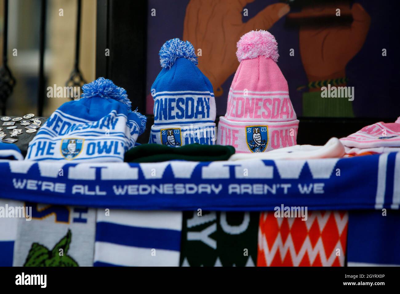 Sheffield Wednesday branded bobble hats for sale outside the ground ...