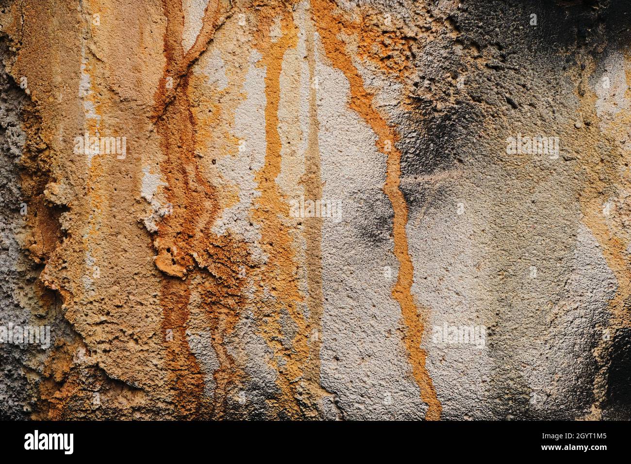 Rust stain on gray cement plaster wall, grunge background or texture ...