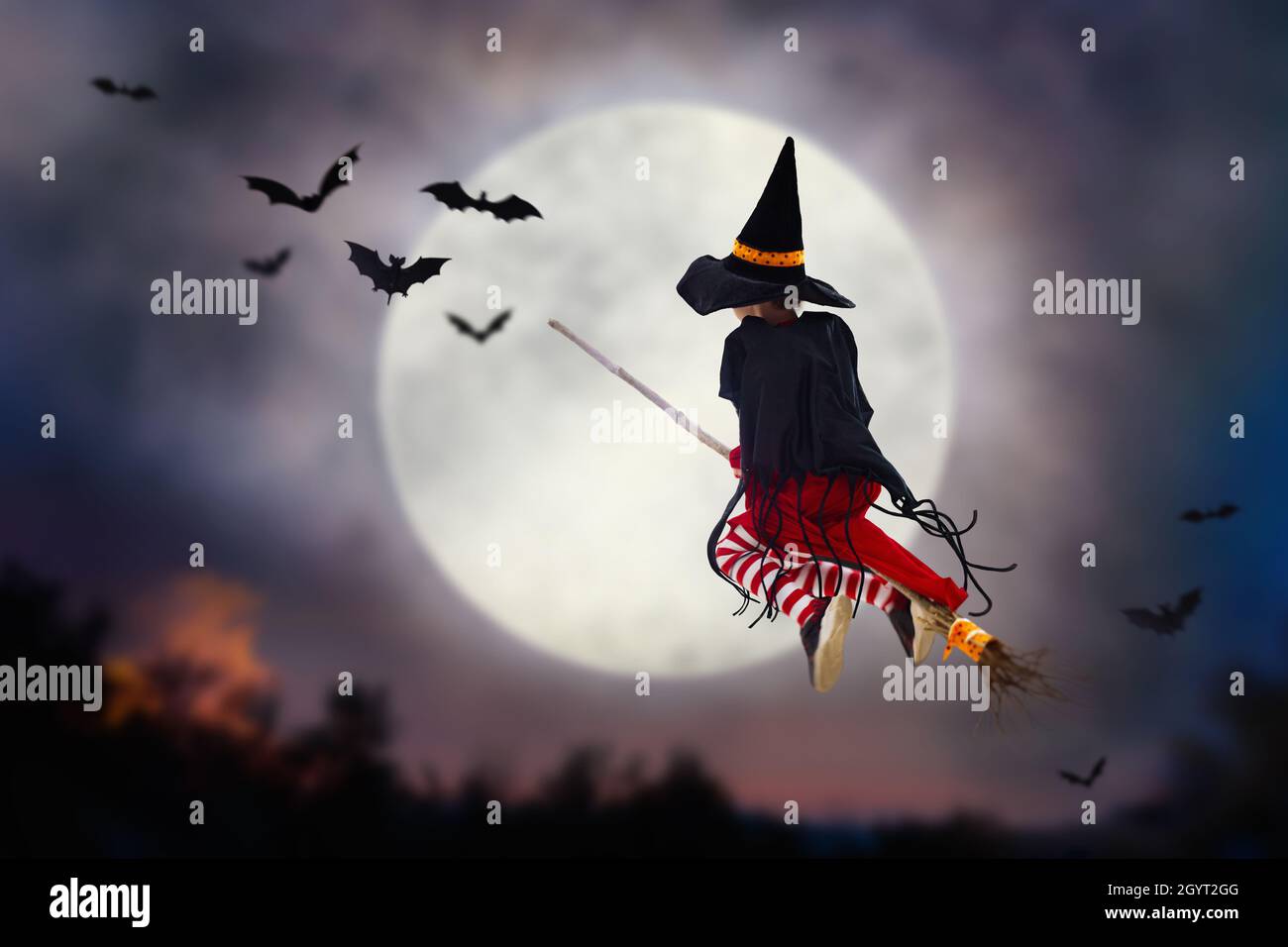 Little witch flying broom on Halloween night. Huge full moon and bats ...