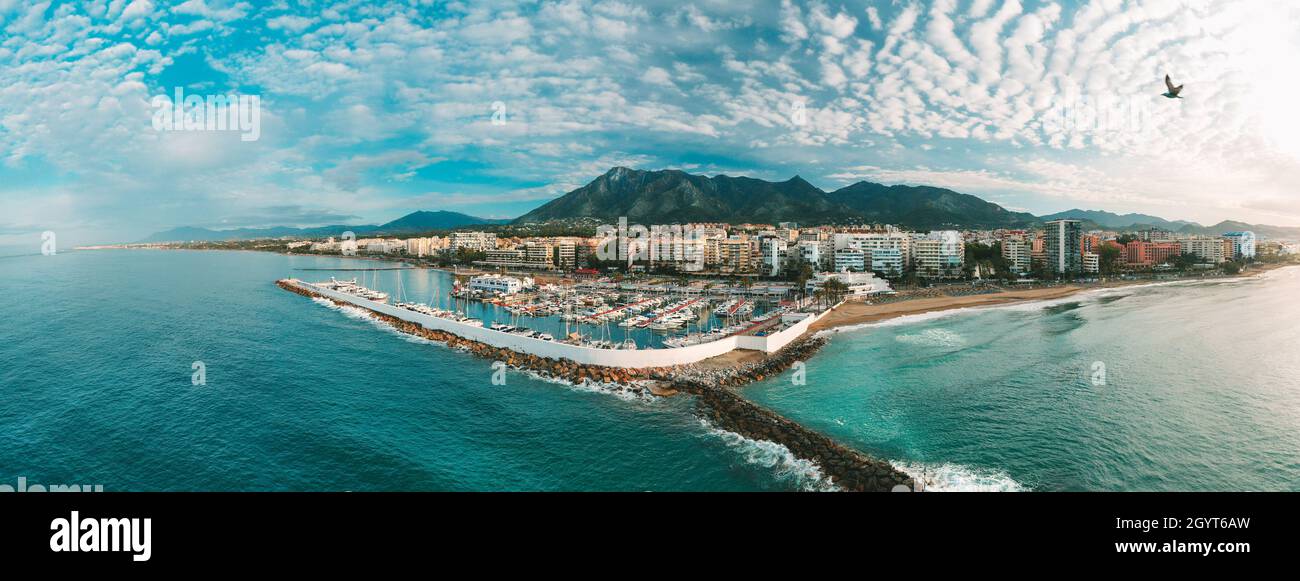 Aerial panoramic view of Puerto Banus marina with luxury yachts ...