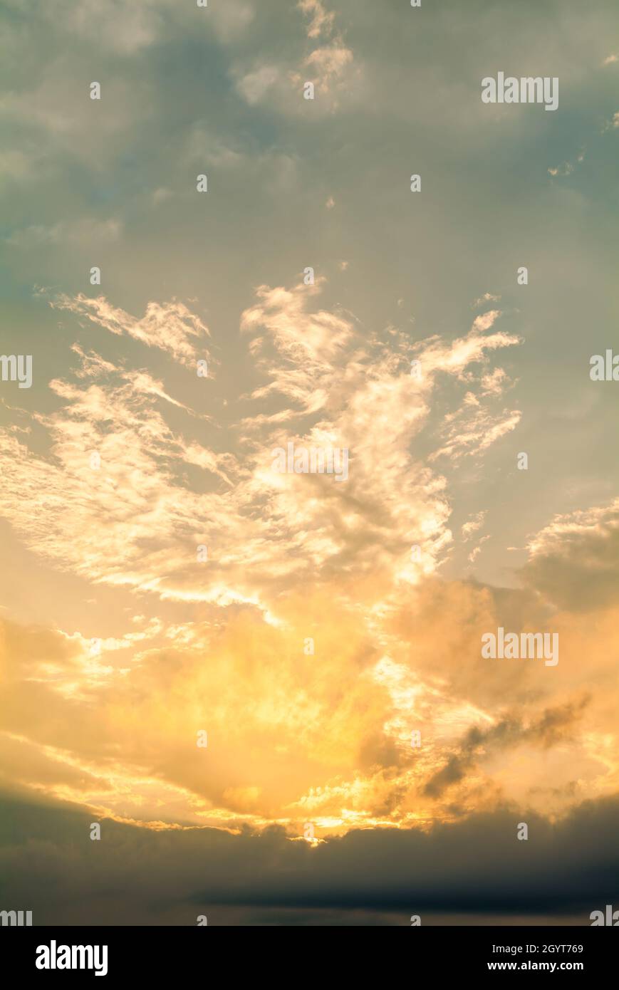 Colorful sunset sky with dramatic orange clouds. Only sky, no land ...
