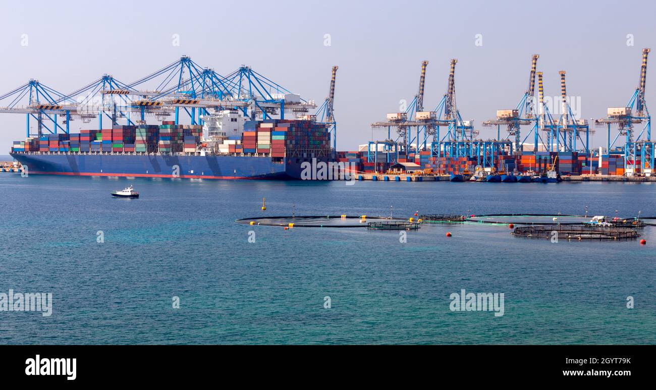 Huge container ship in the cargo port of the island of Malta ...