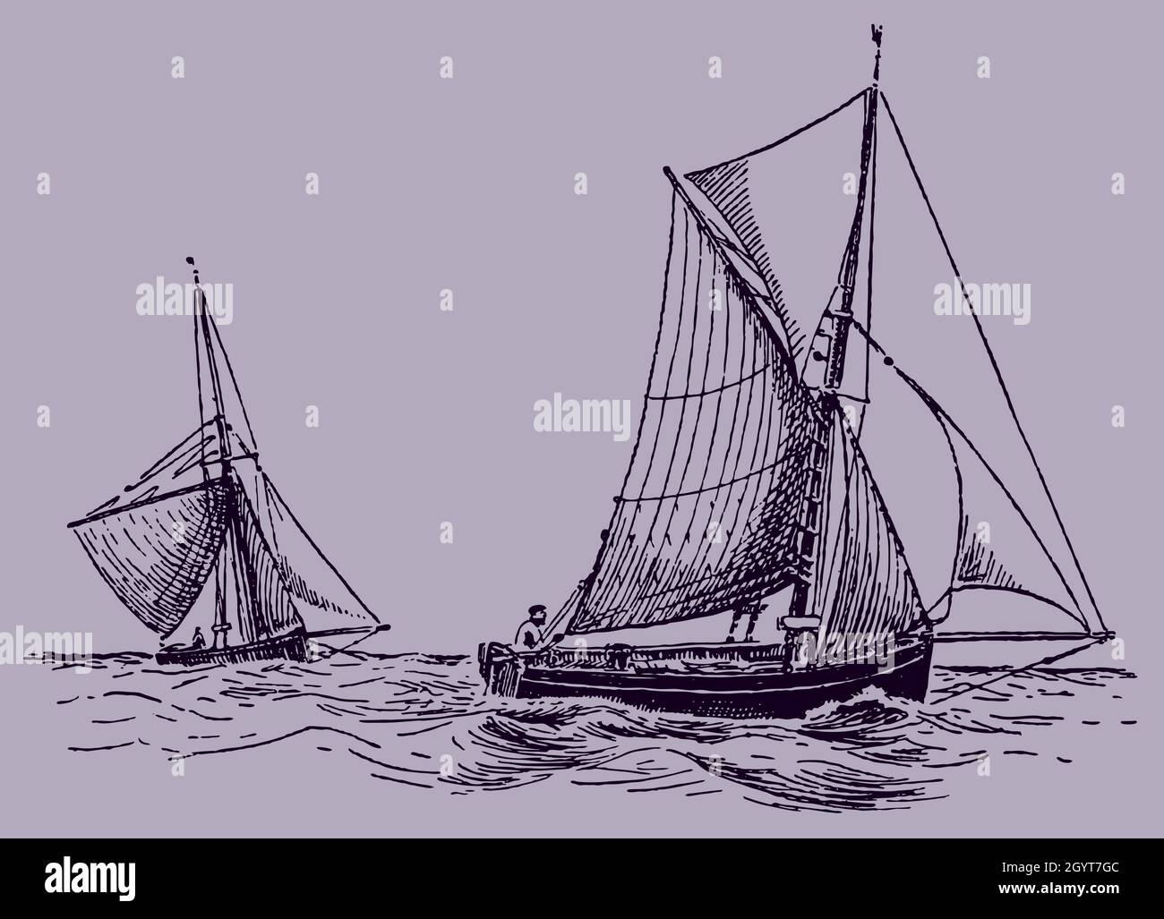 Two English bawley sailboats on wavy waters, on pale purple background ...