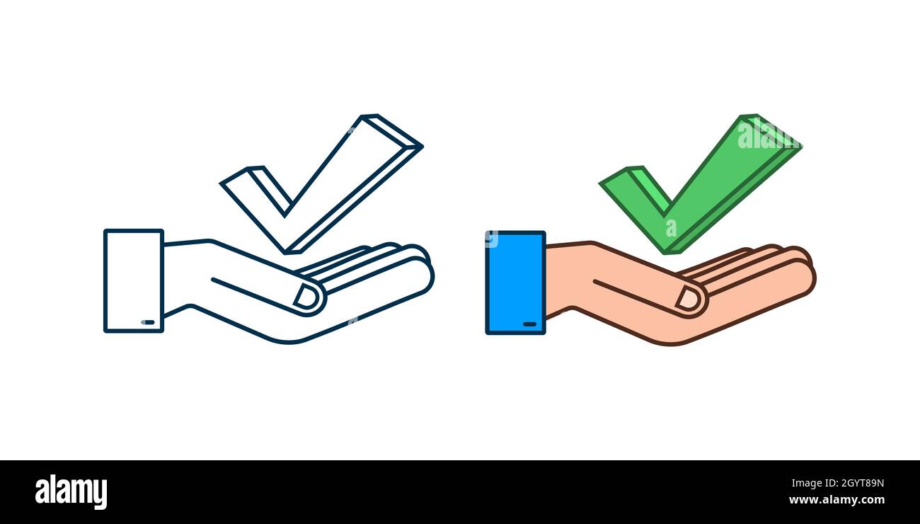 Check mark hanging over hands. Green approved star sticker on white ...