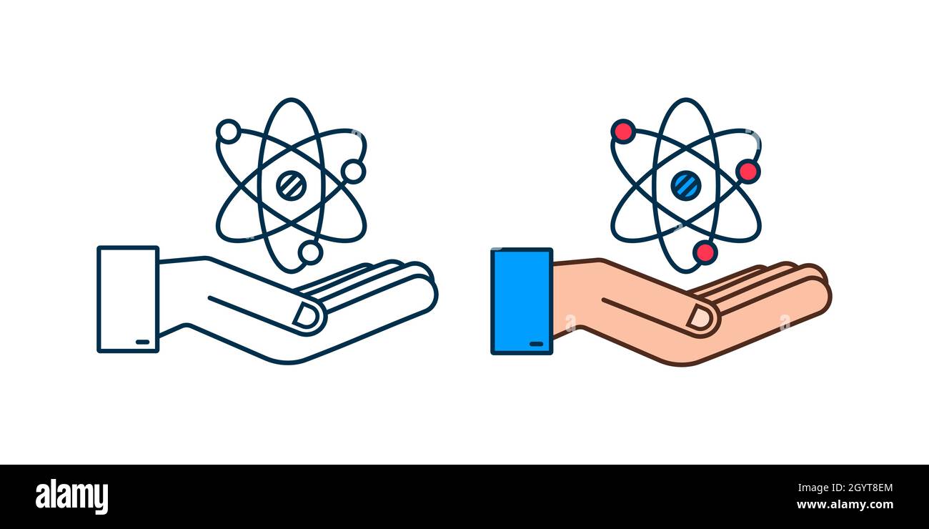 Atom icon over hands vector, atom symbols on white background Stock ...