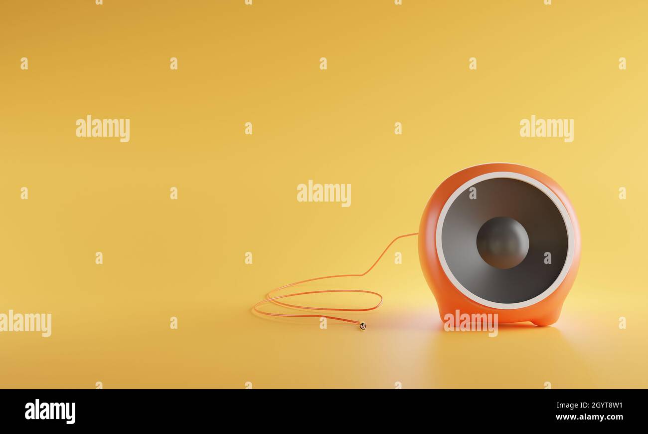 3D portable orange color sphere audio speaker isolated on yellow ...