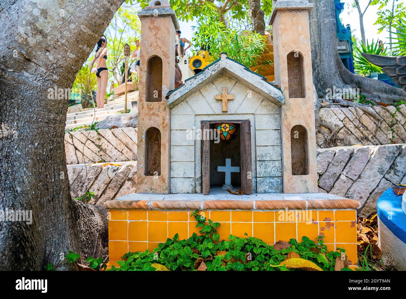 Church shaped structure at graveyard in Xcaret ecotourism park Stock ...