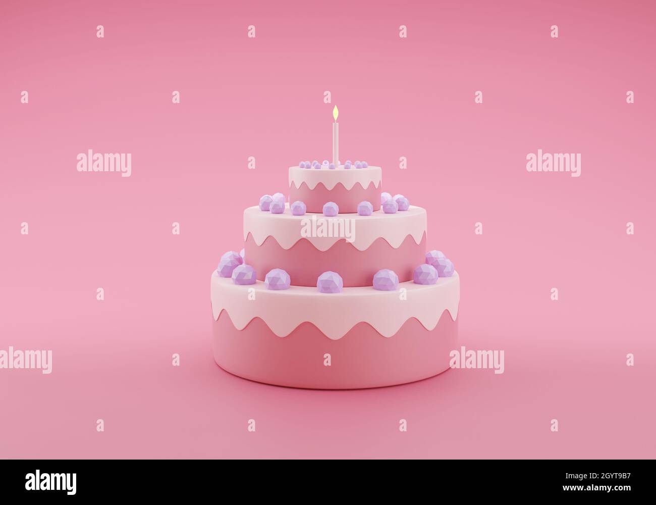 Cute birthday cake 3d rendering pink color 3 floors with a candle ...