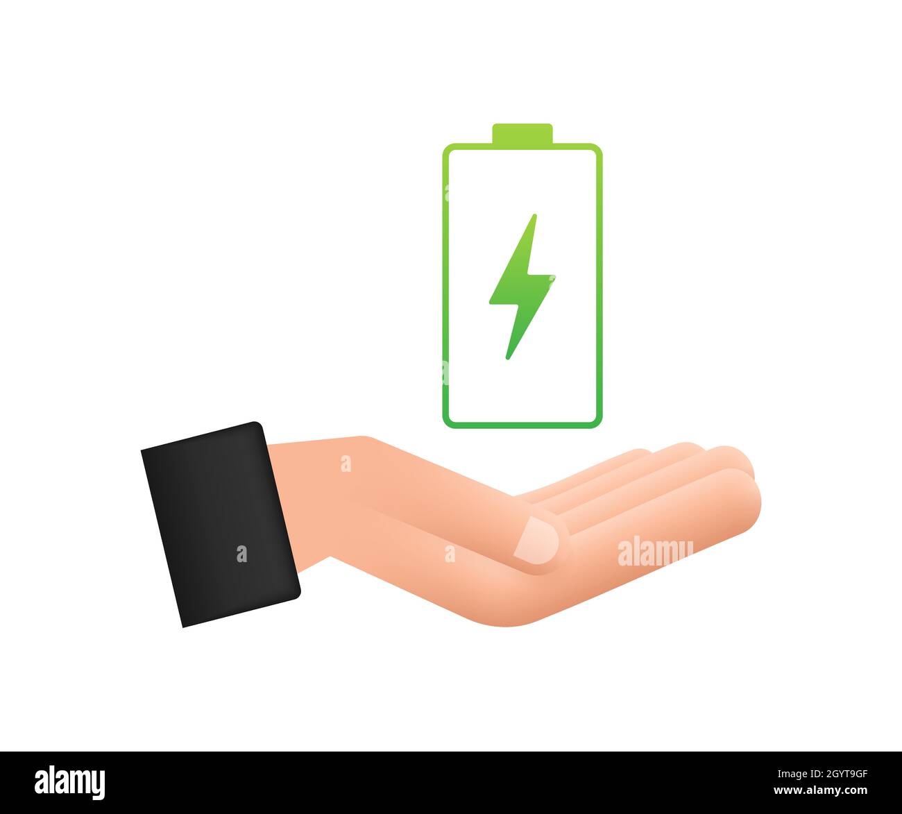 Charging battery with hands. Set of battery charge level indicators ...