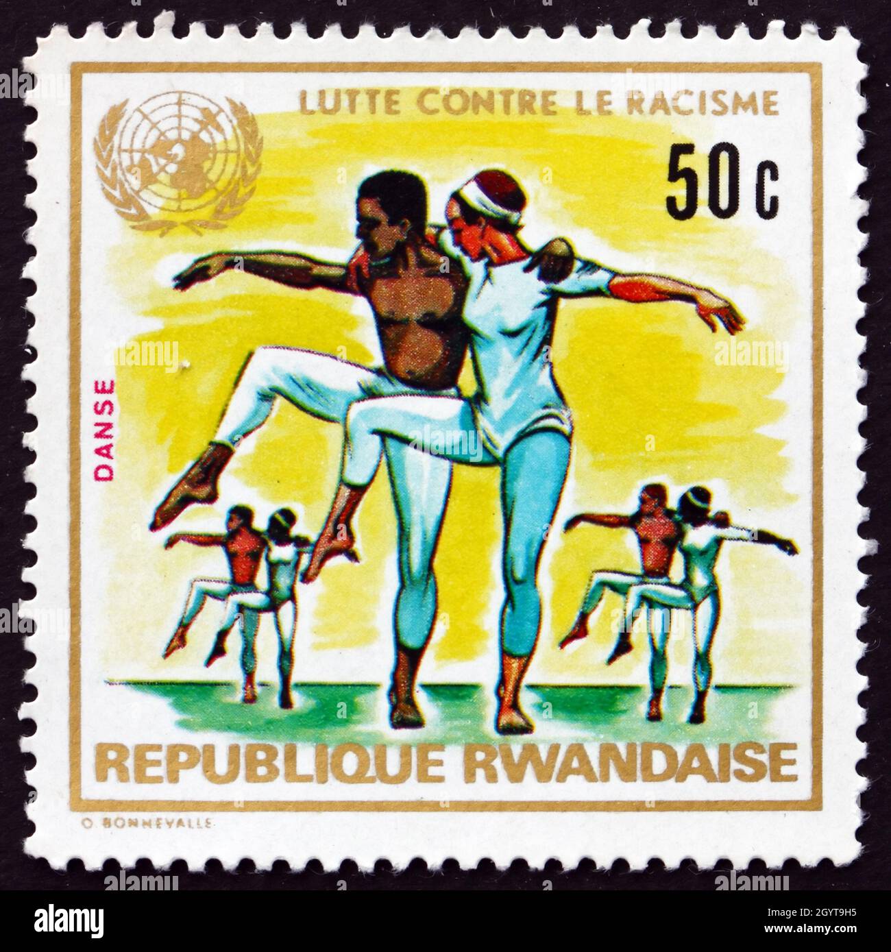 RWANDA - CIRCA 1980: a stamp printed in Rwanda shows Dancers, Fight ...