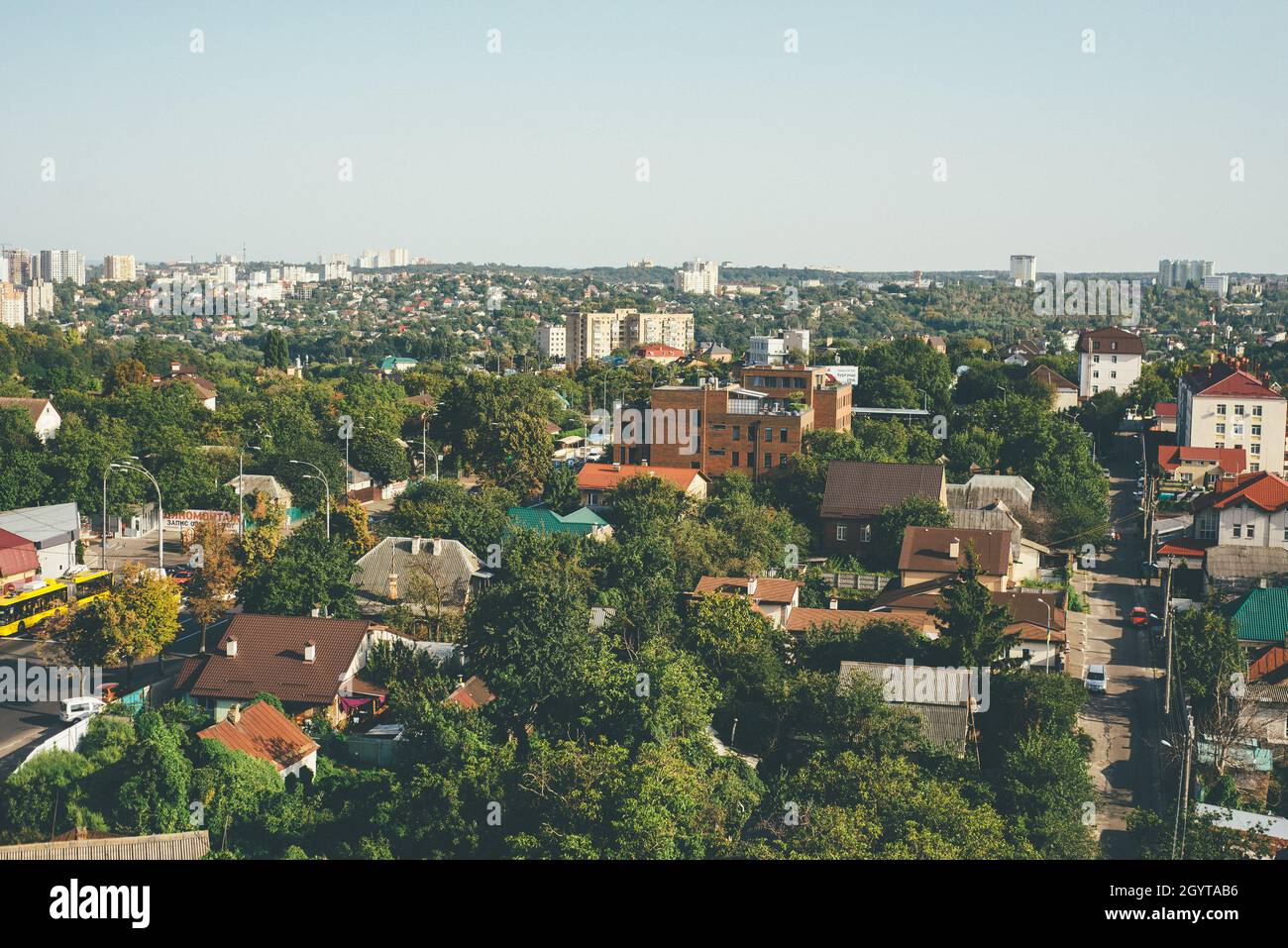 View of Kyiv city buildings. Green city hills covered in houses Stock ...