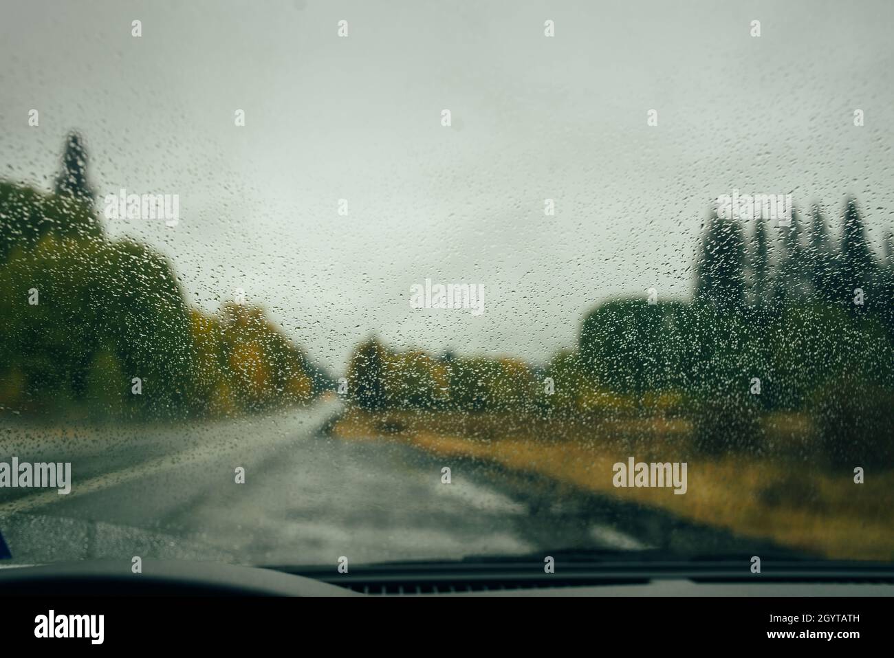 The car rides along the autumn road with rain drops on the windshield ...