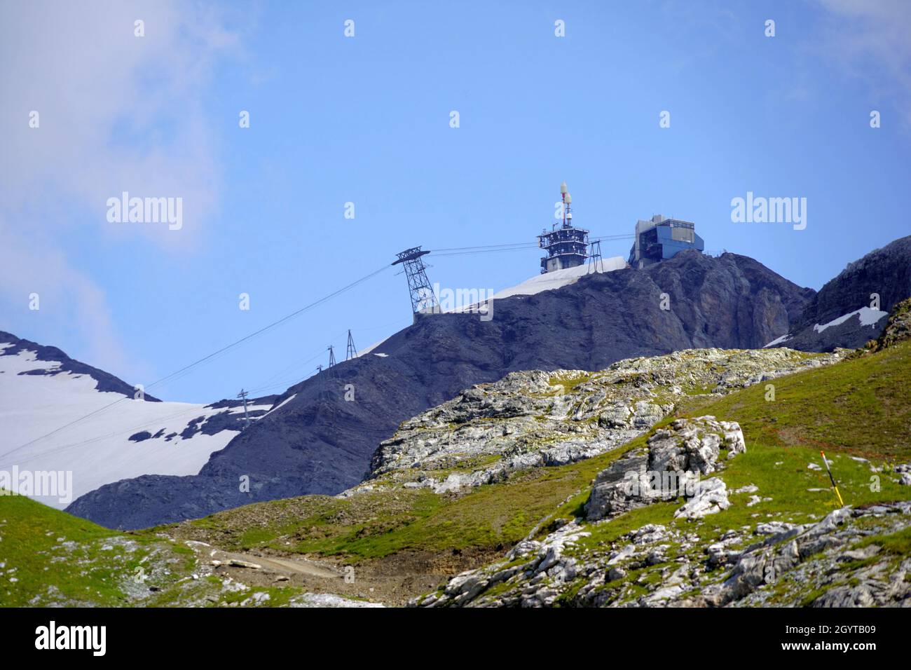 Mountain Titlis with cable car, hanging bridge and other tourist ...