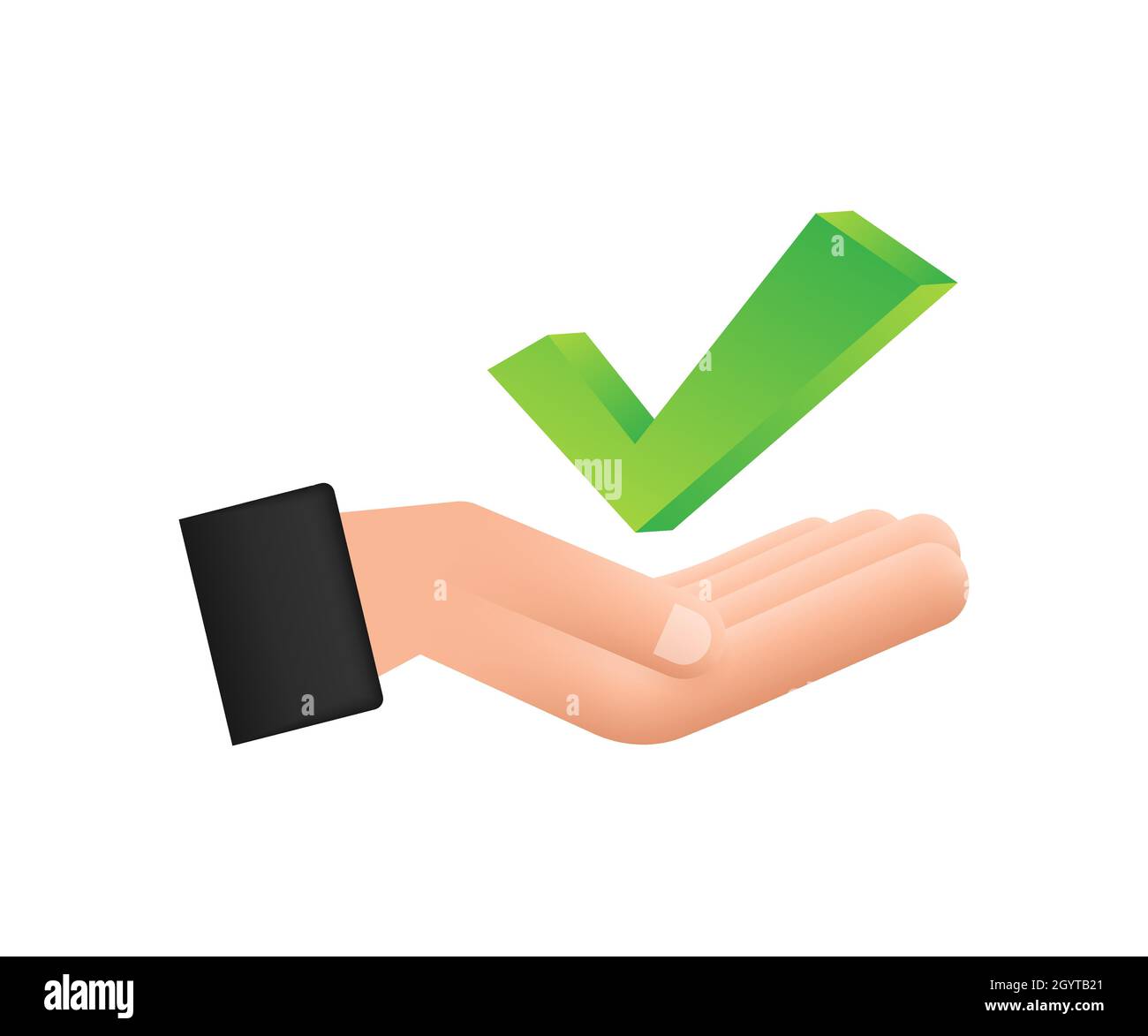 Check mark hanging over hands. Green approved star sticker on white ...