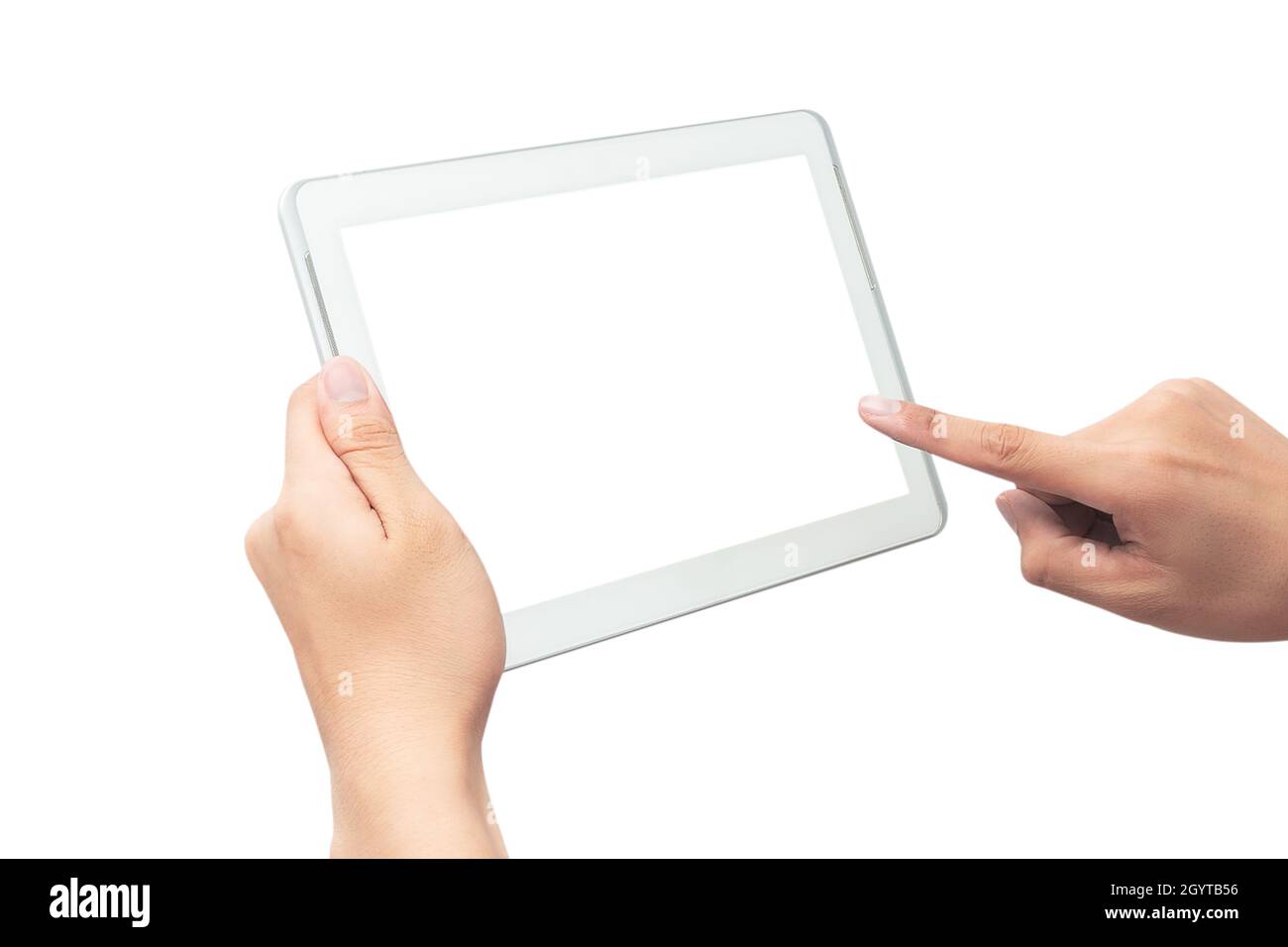 Male hand holding the white tablet pc computer and touching with blank ...
