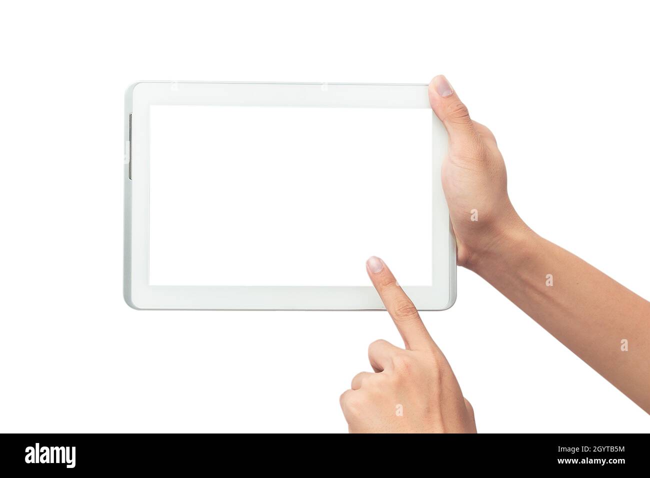 Male hand holding the white tablet pc computer and touching with blank ...