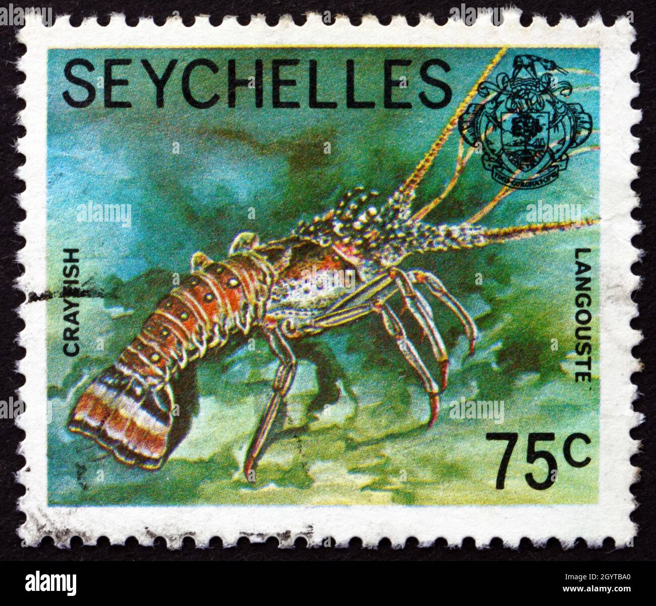 SEYCHELLES - CIRCA 1978: a stamp printed in Seychelles shows Crayfish ...