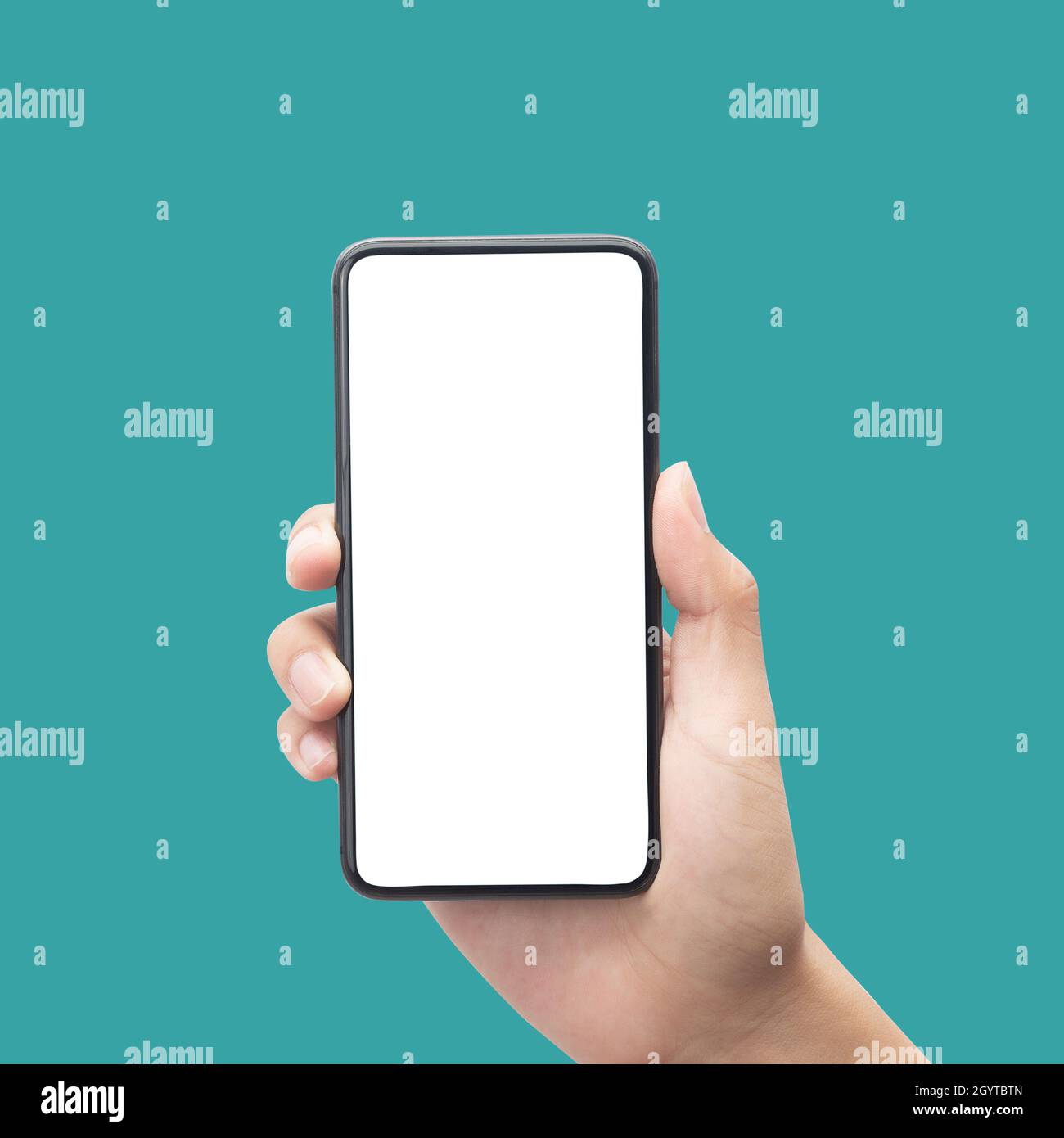 Man hand holding smartphone with blank screen isolated on blue ...