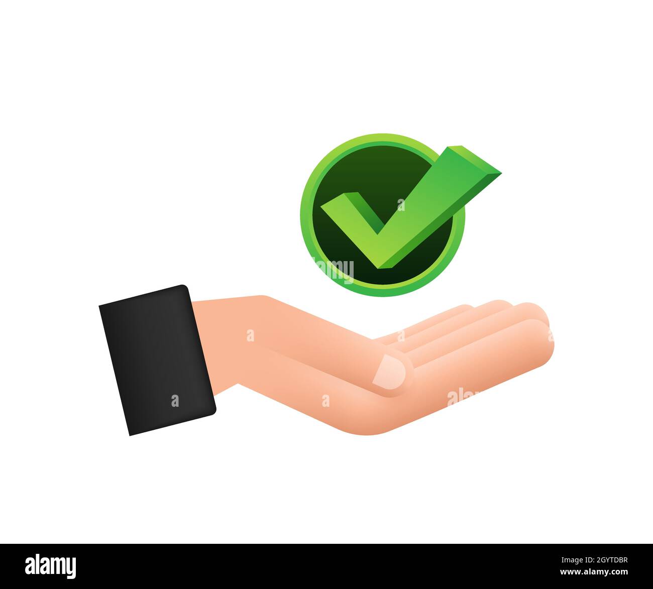 Check mark hanging over hands. Green approved star sticker on white ...