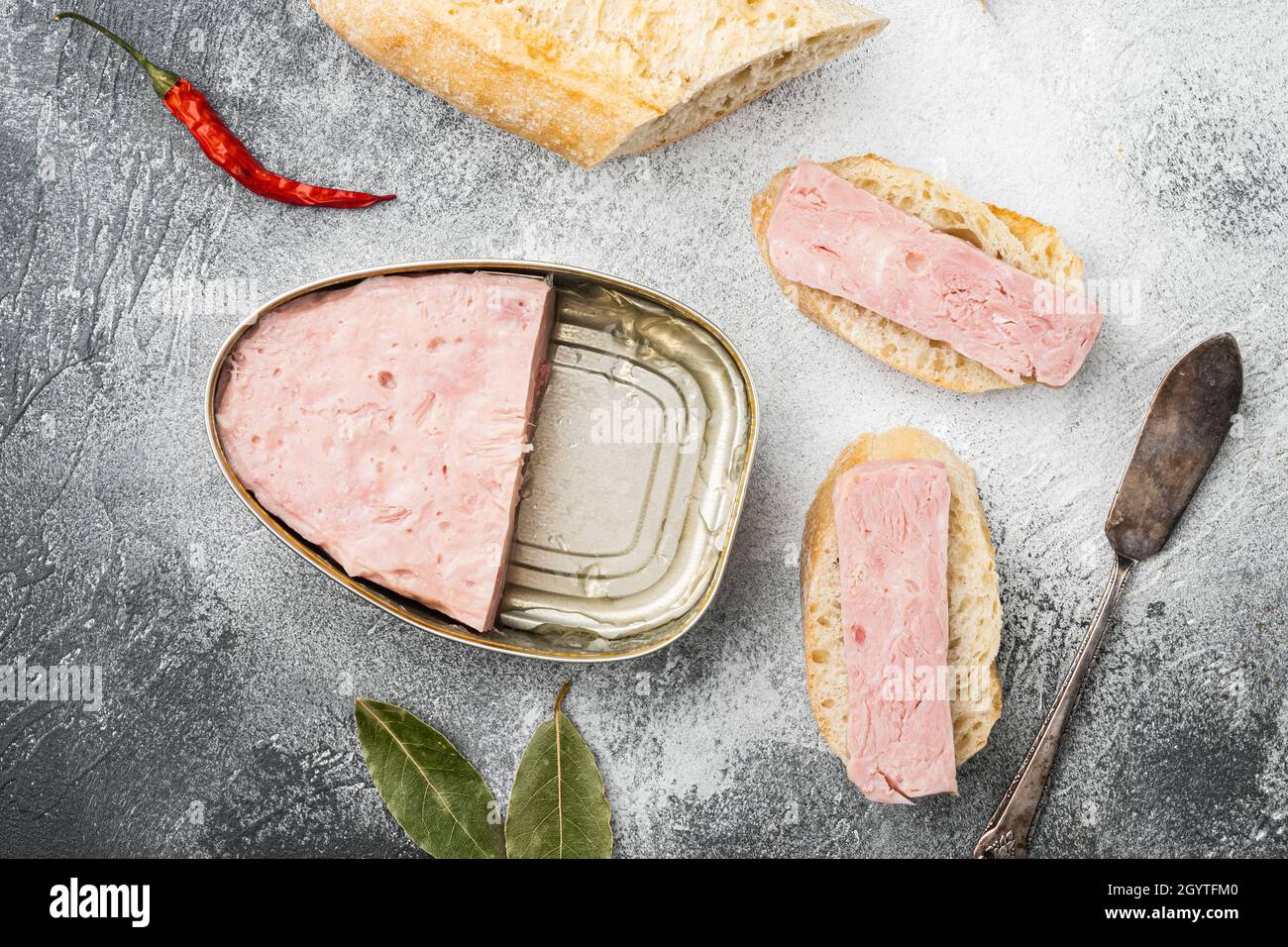 Spam sandwich set, on gray stone table background, top view flat lay ...