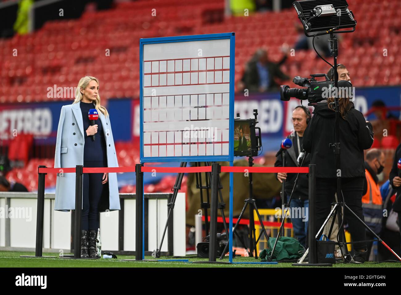 Jenna Brooks of Sky Sports setup for player interviews before the grand ...