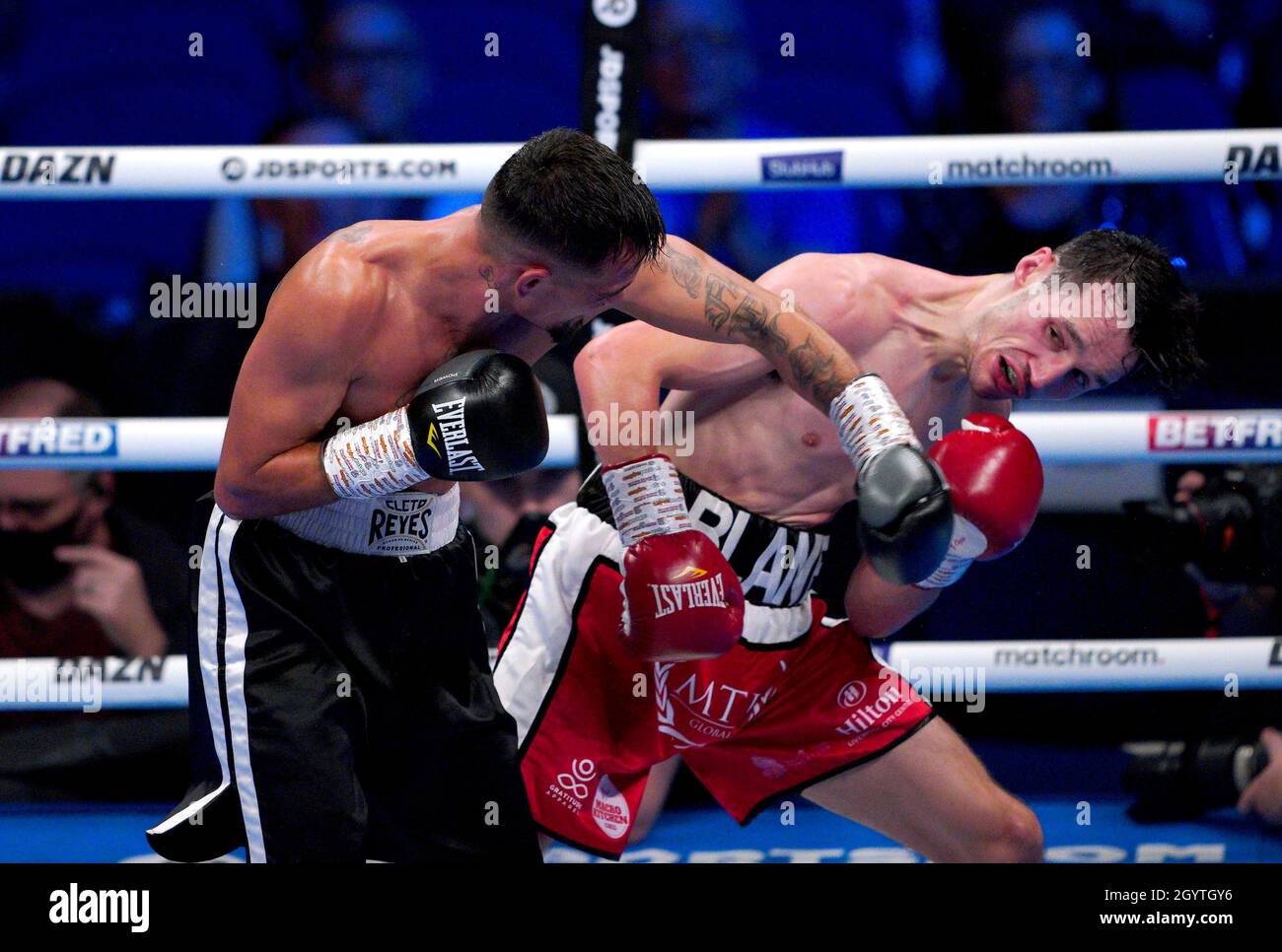 Blane Hyland (right) in action against Santiago San Eusebio in the ...