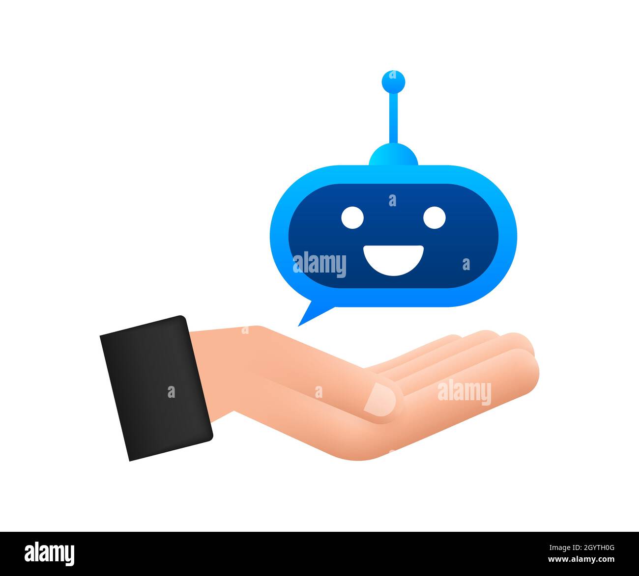 Cute smiling robot in hands.Vector modern flat cartoon character ...