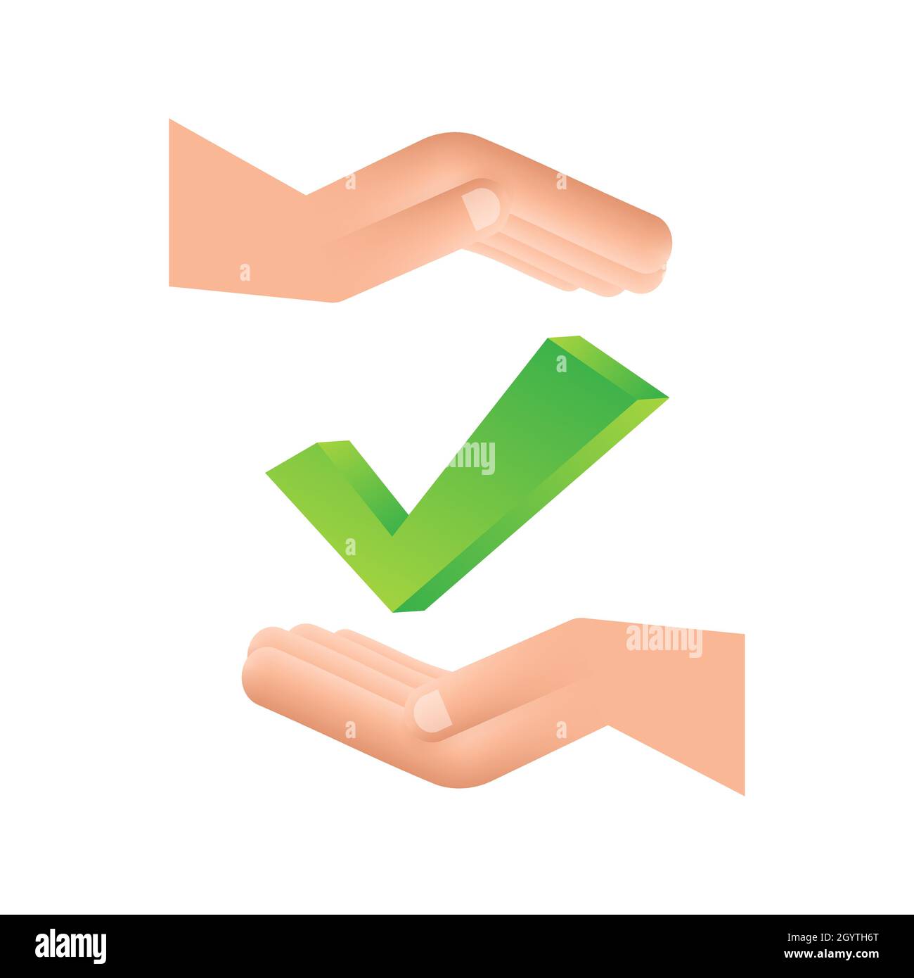 Check mark hanging over hands. Green approved star sticker on white ...