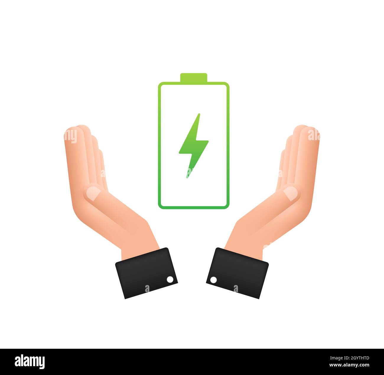 Charging battery with hands. Set of battery charge level indicators ...