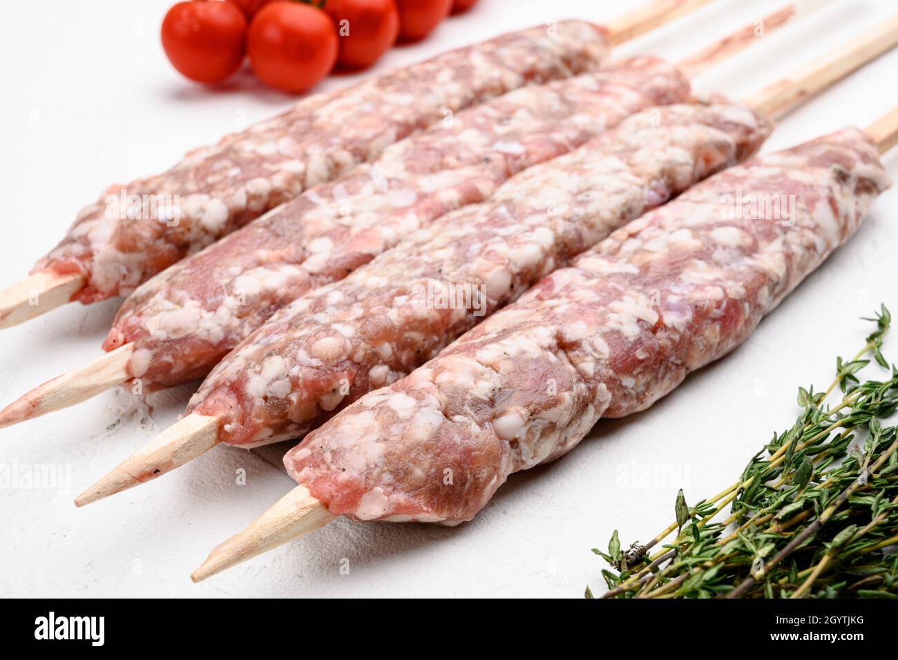 Raw lula kebab, lyulya-kebab minced meat, shish kebab ready to cook set ...