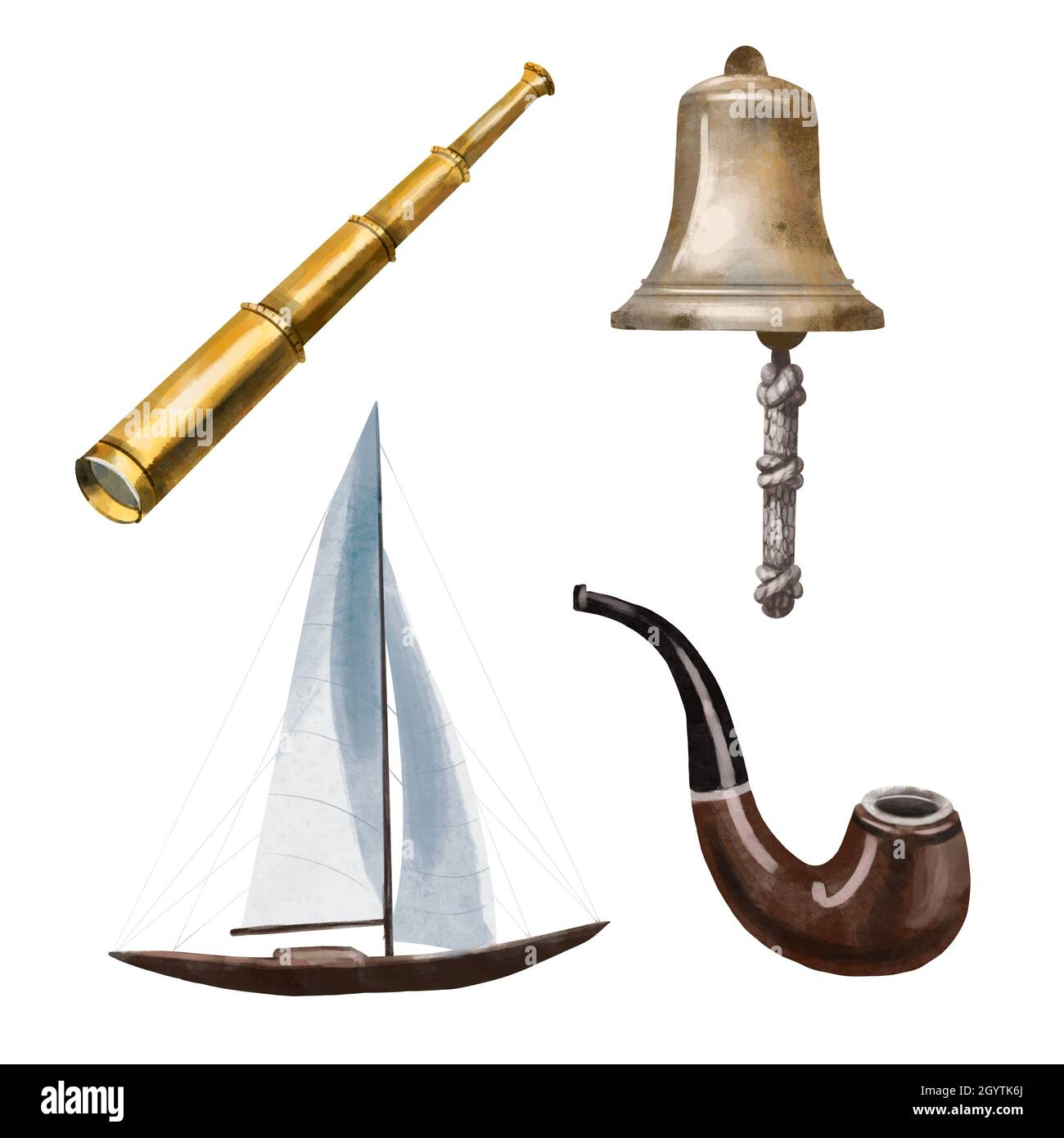 Watercolor sea set. Sailing yacht, smoking pipe, old ship's bell and ...