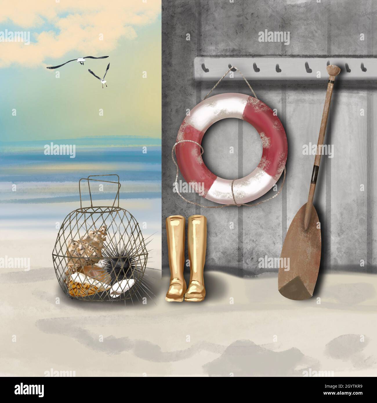 Illustration of the beach. Bungalow with beach view. Lifeline, fishing ...