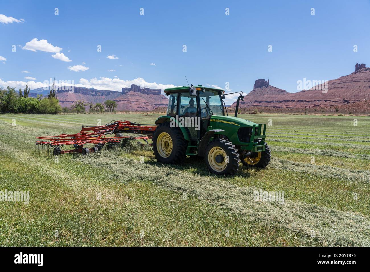 A rotary rake combines smaller rows of hay into one larger row to ...