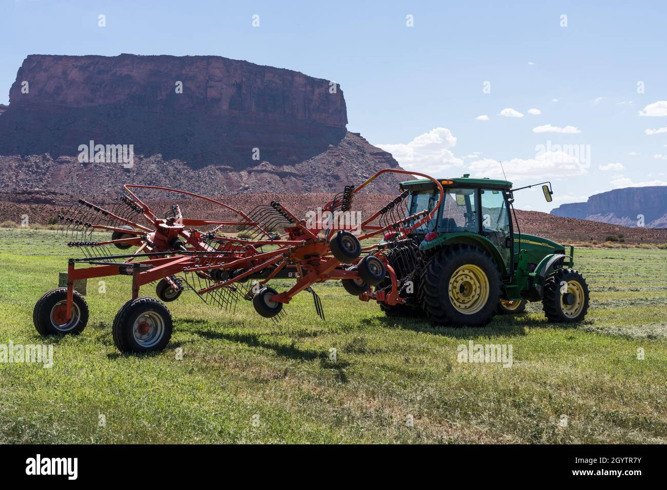 A rotary rake combines smaller rows of hay into one larger row to ...