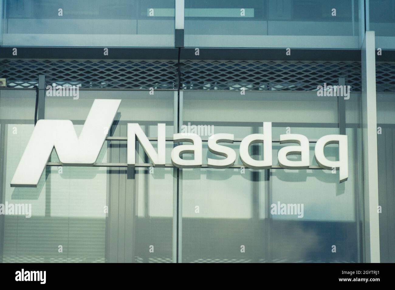 Nasdaq company logo sign on modern office in Vilnius, Lithuania, May 30 ...