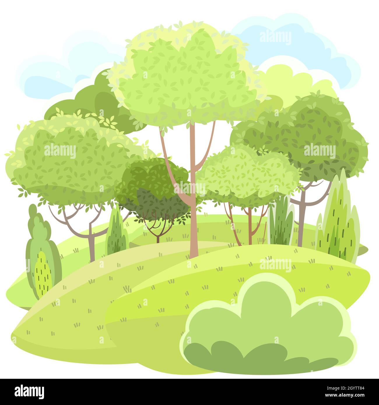Amusing beautiful forest landscape. Cartoon style. Grass hills. Foliage ...