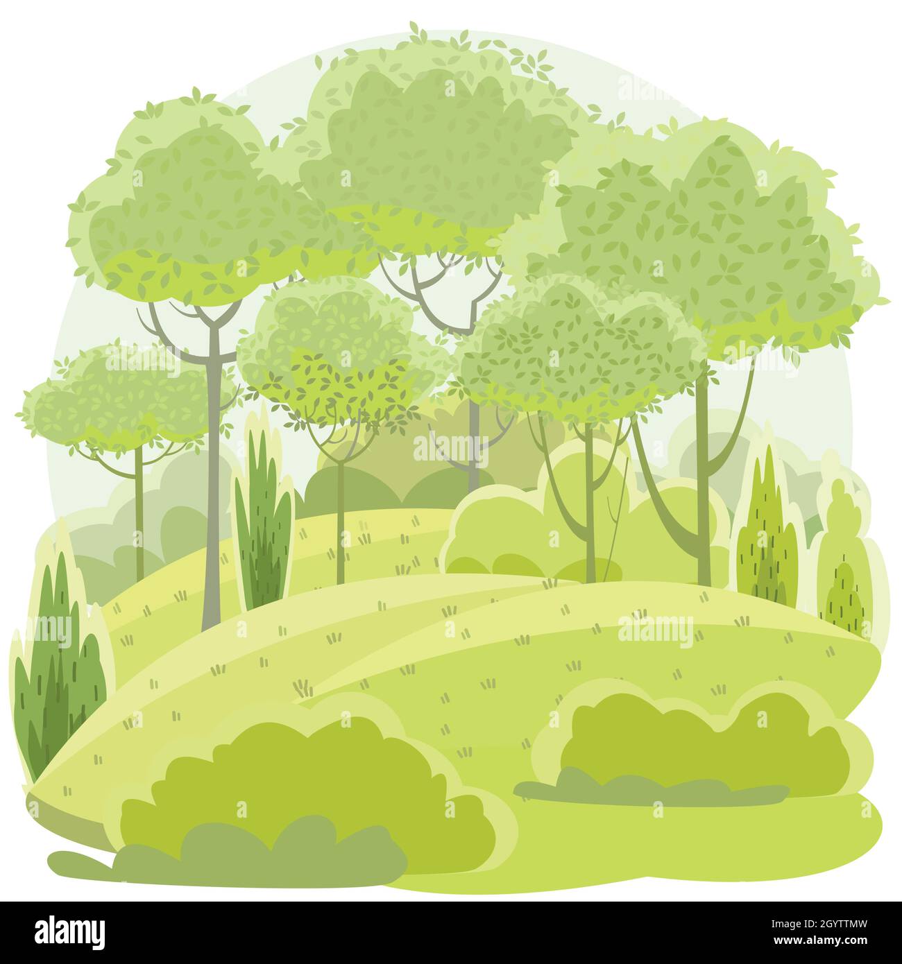 Amusing beautiful forest landscape. Green. Cartoon style. Grass hills ...