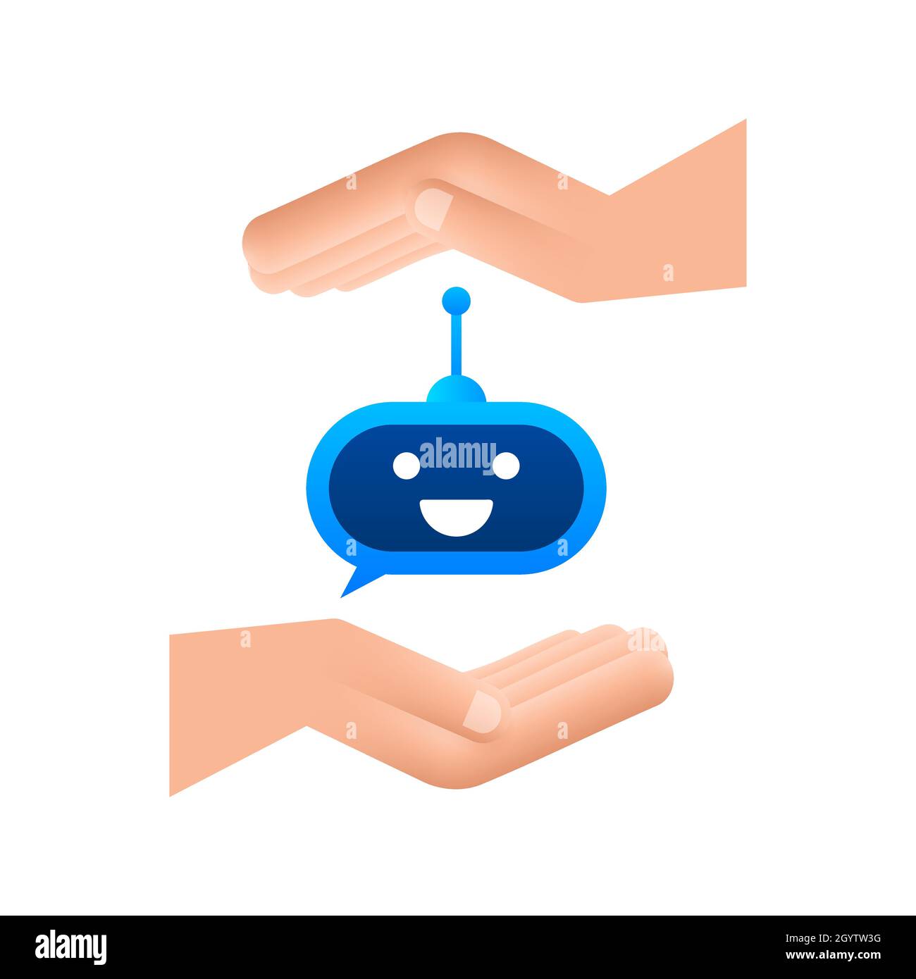 Cute smiling robot in hands.Vector modern flat cartoon character illustration. Voice support ...