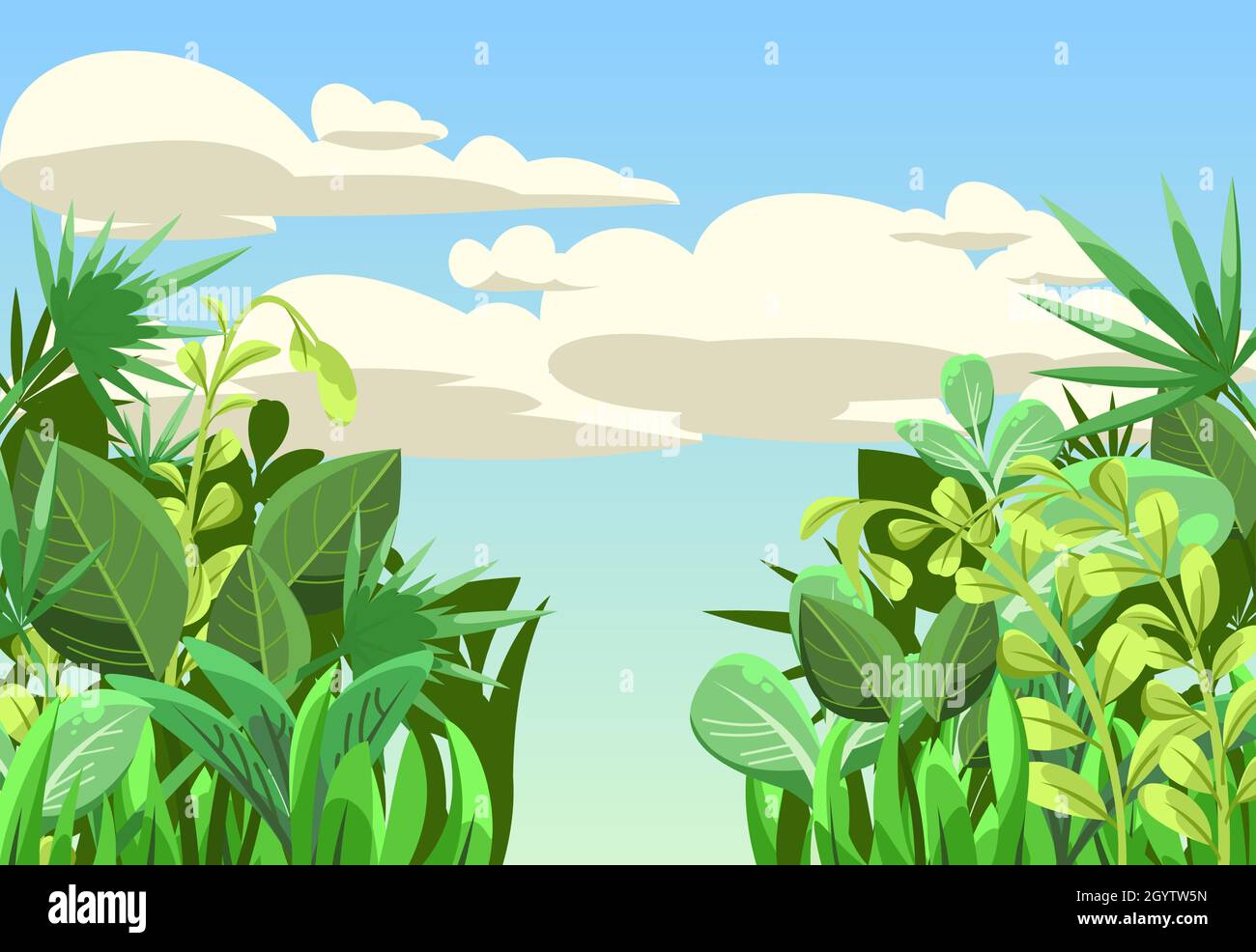 Tropical herbs and shrubs. Jungle meadow. Shoots of palm trees and nice ...