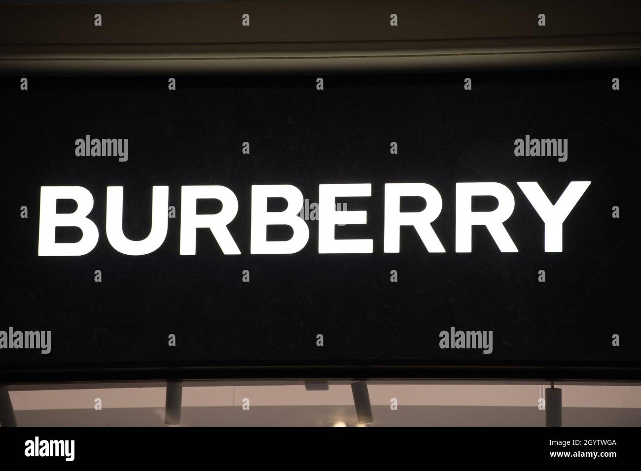 A shop sign of BURBERRY, on September 27 2021 in Moscow, Russia. Photo ...