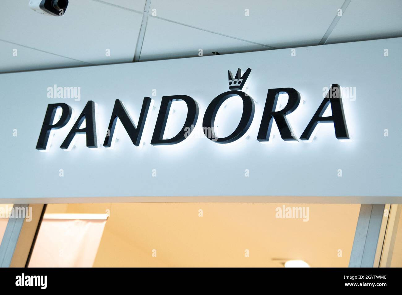 A shop sign of PANDORA, on September 27 2021 in Moscow, Russia. Photo ...