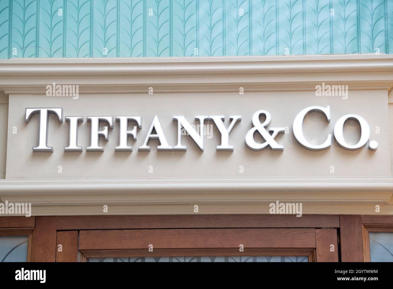 A shop sign of TIFFANY & CO, on September 27 2021 in Moscow, Russia ...