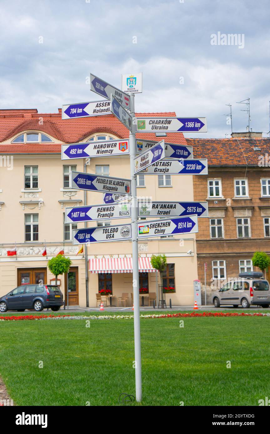 POZNAN, POLAND - Feb 04, 2016: Many signs showing distances to ...