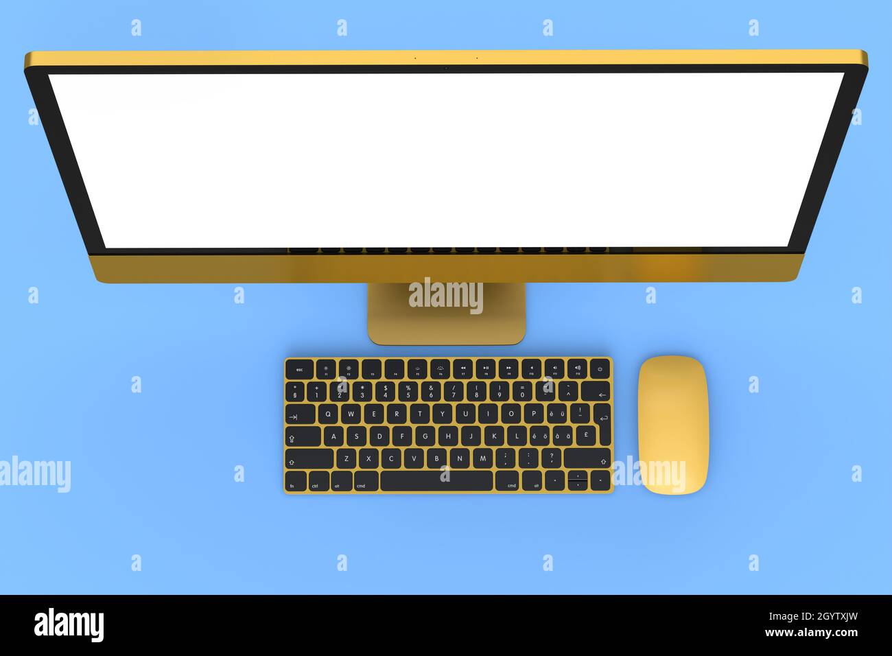 Realistic yellow computer screen display with keyboard and mouse ...