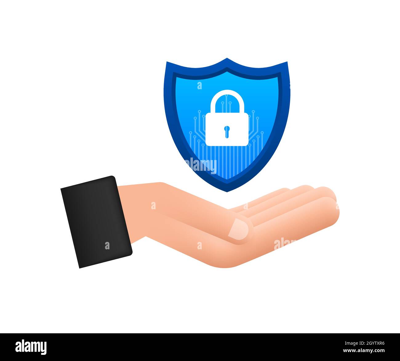 Cyber security vector logo with shield and check mark. Hands holding ...