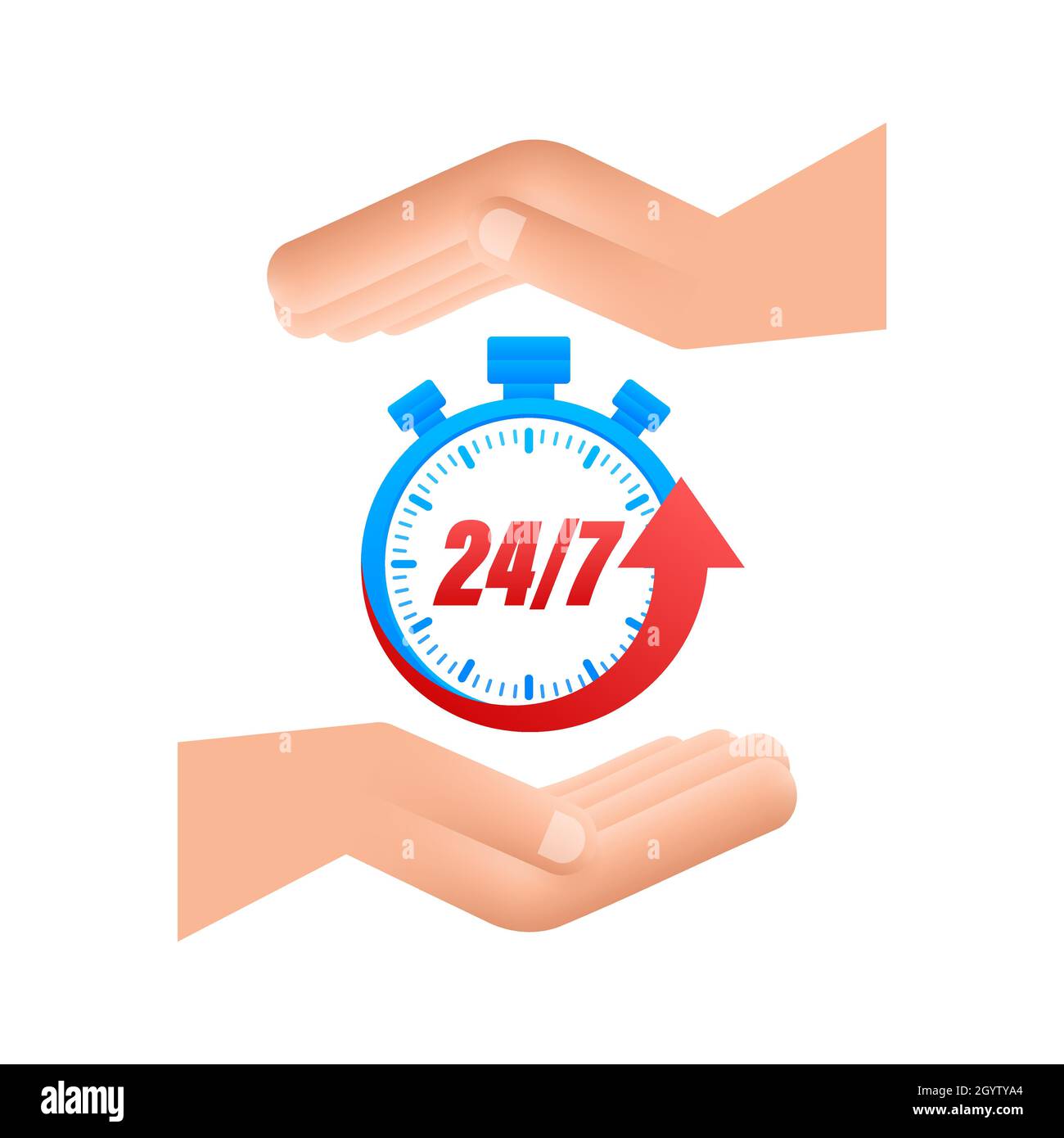 24-7 service concept with hands. 24-7 open. Support service icon ...