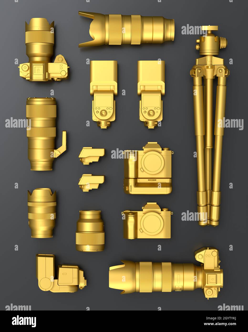 Top view of gold designer workspace and gear like nonexistent DSLR ...