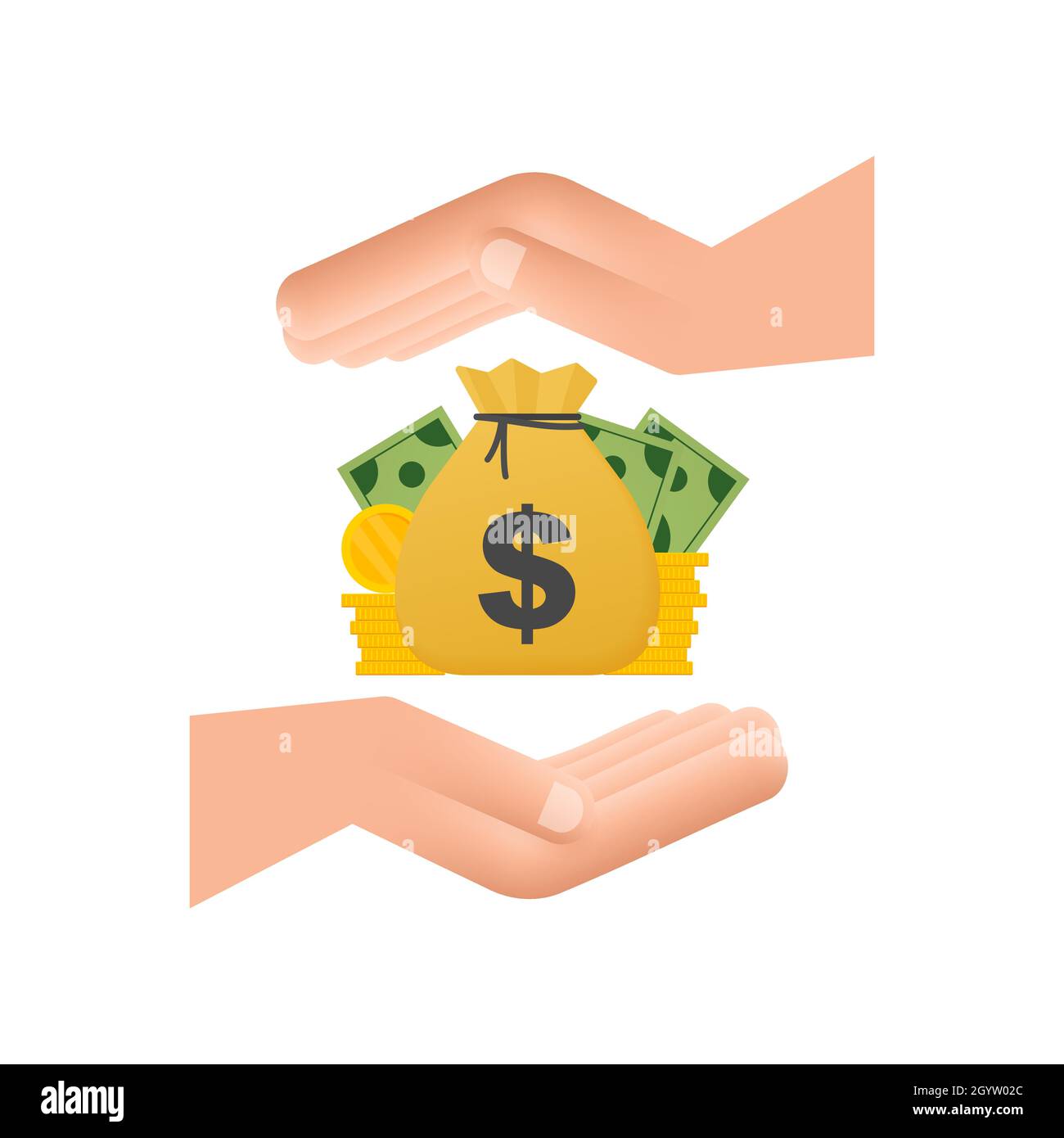 Hand with money bag bill and coin finance icons. Business financial ...